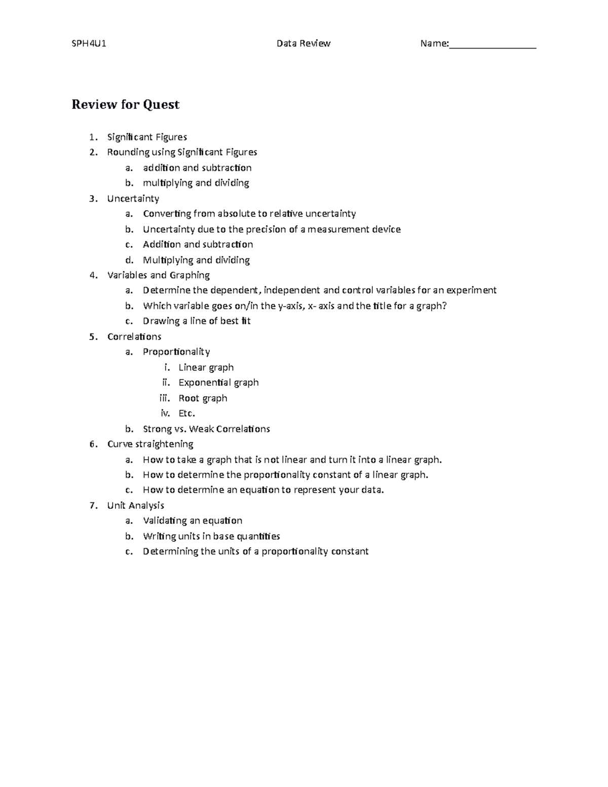 Review for Data Analysis Test - Physics Review - Review for Quest ...