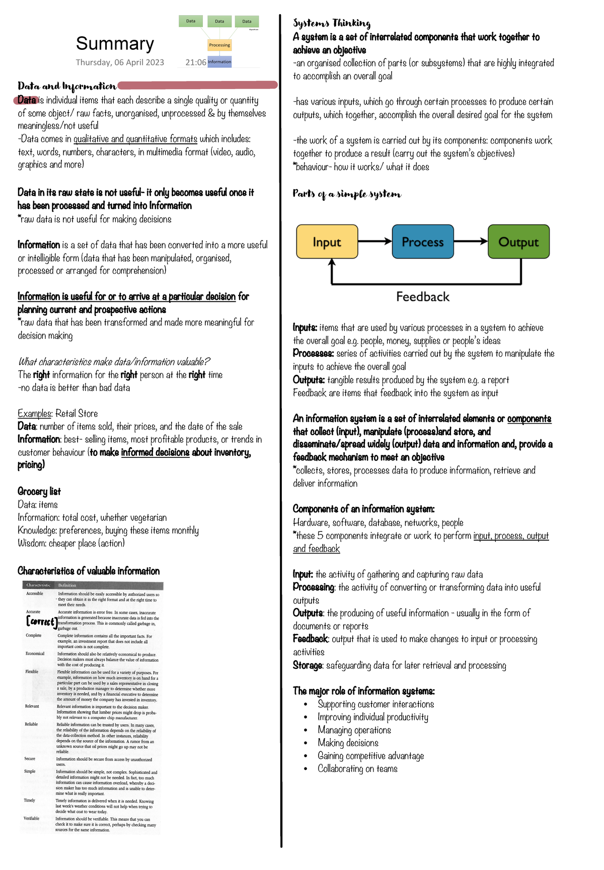 Summary - Data and Information Data is individual items that each ...