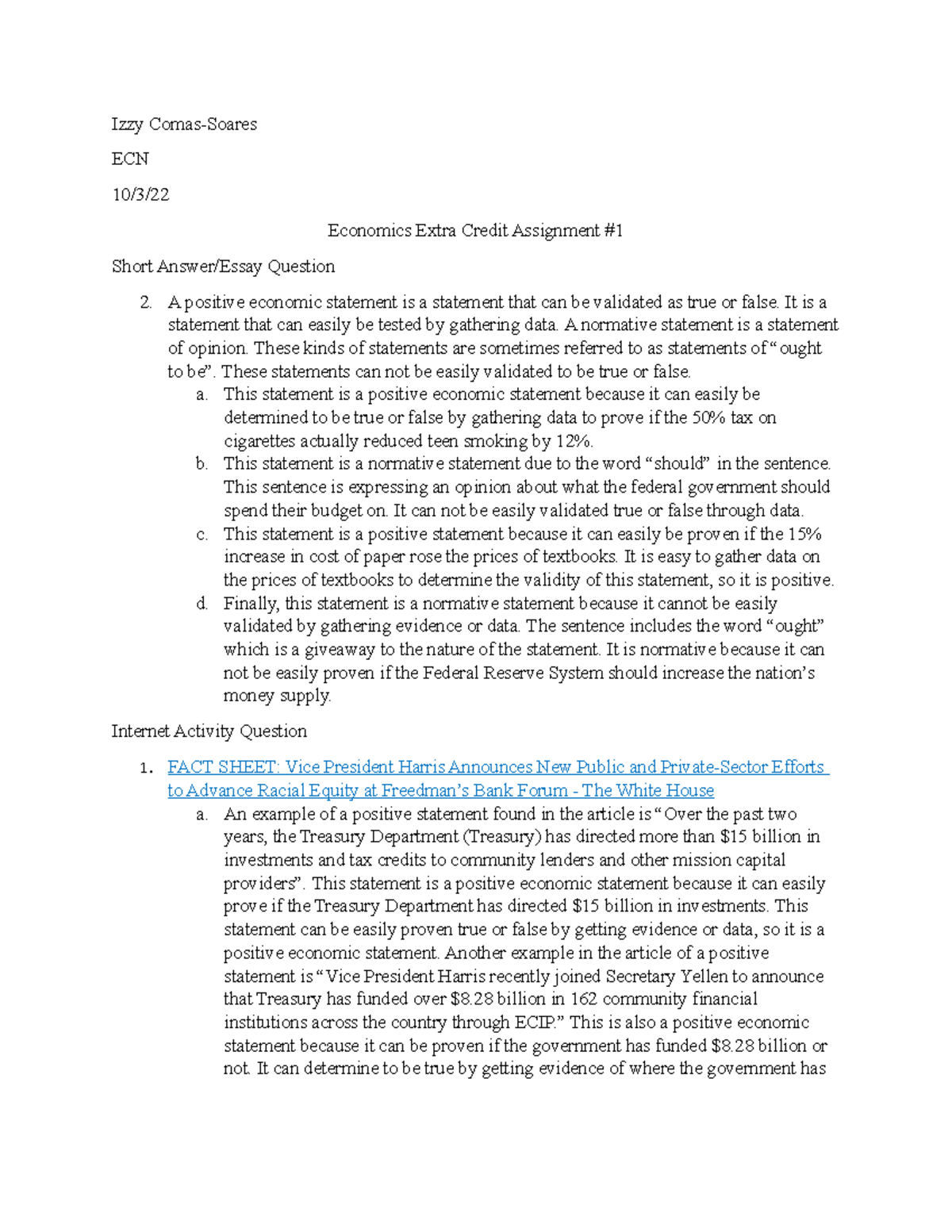 Extra credit assignment #1 - Izzy Comas-Soares ECN 10/3/ Economics ...