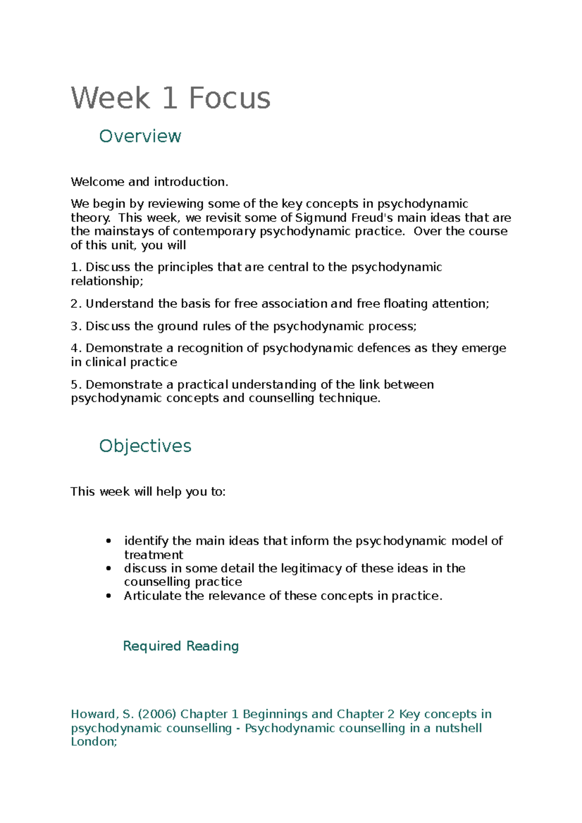 WEEK 1 Lecture Notes COU3105 Psychodynamic Concepts INTO Practice ...