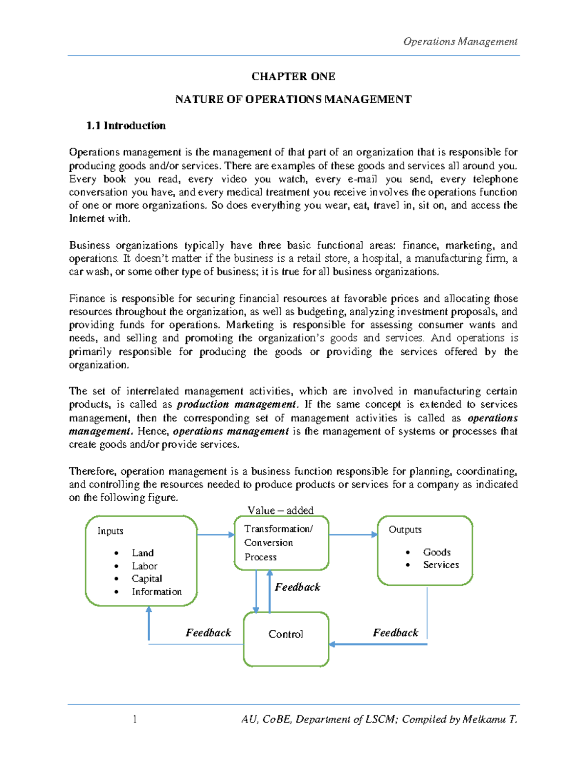 Mgmt for logistics - CHAPTER ONE NATURE OF OPERATIONS MANAGEMENT 1 ...