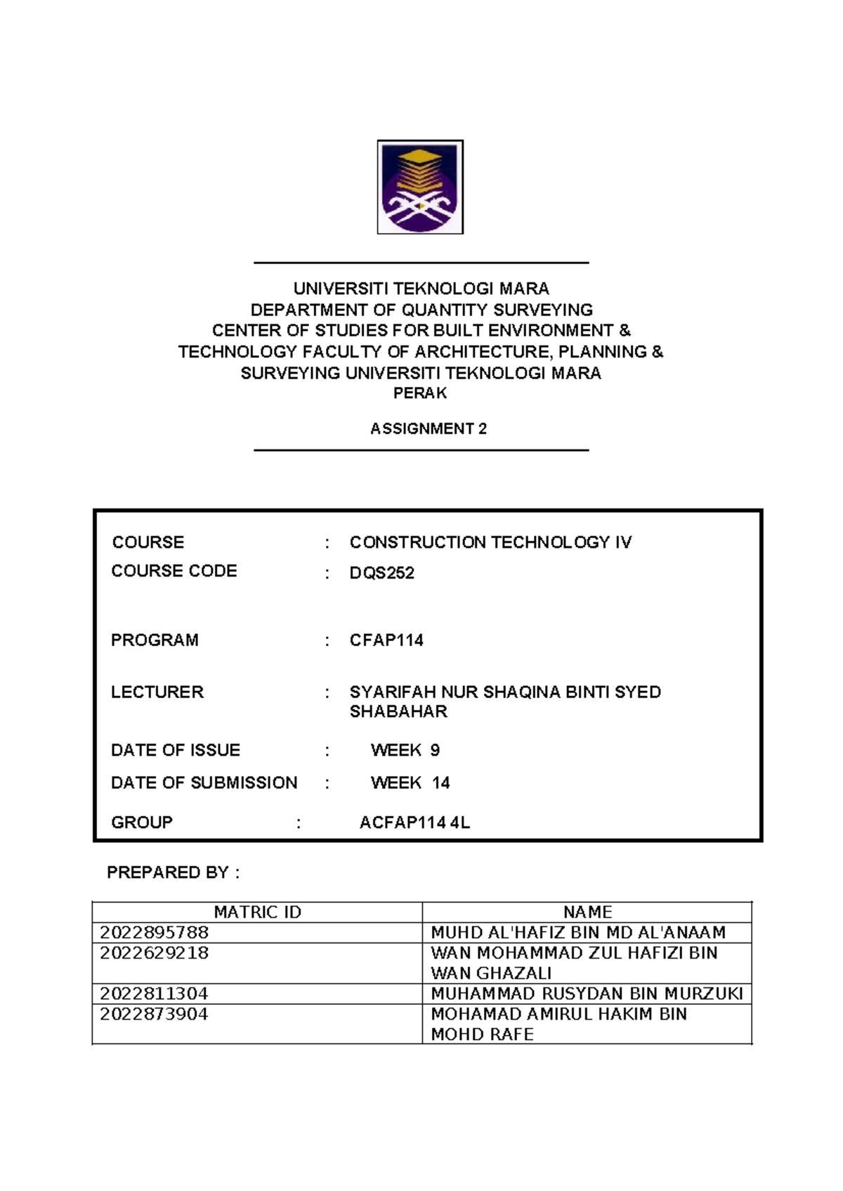 Constech ASS - Tuto - UNIVERSITI TEKNOLOGI MARA DEPARTMENT OF QUANTITY ...