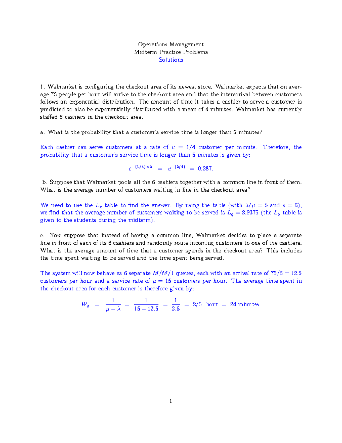 Midterm Practice Solutions - Operations Management Midterm Practice Problems Solutions Walmarket ...