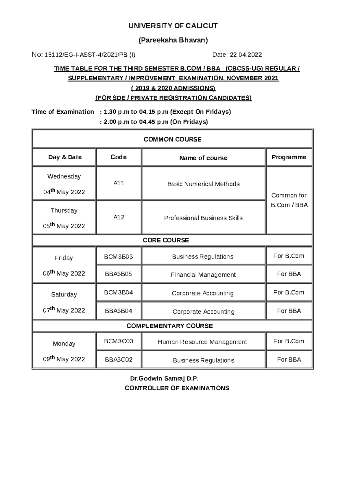 time table 3 rd semester bcom time table may 2022 - UNIVERSITY OF CALICUT (Pareeksha Bhavan) No ...