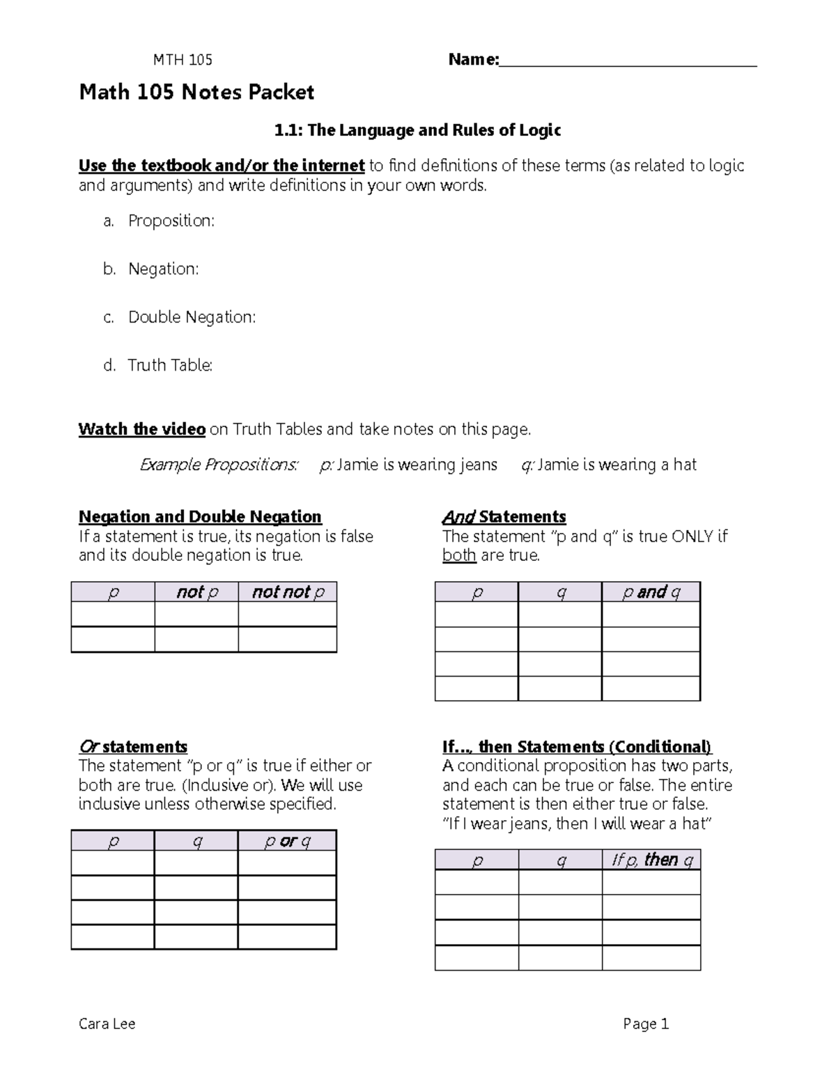 Mth 105 Lecture Notes Packet - MTH 105 Name ...
