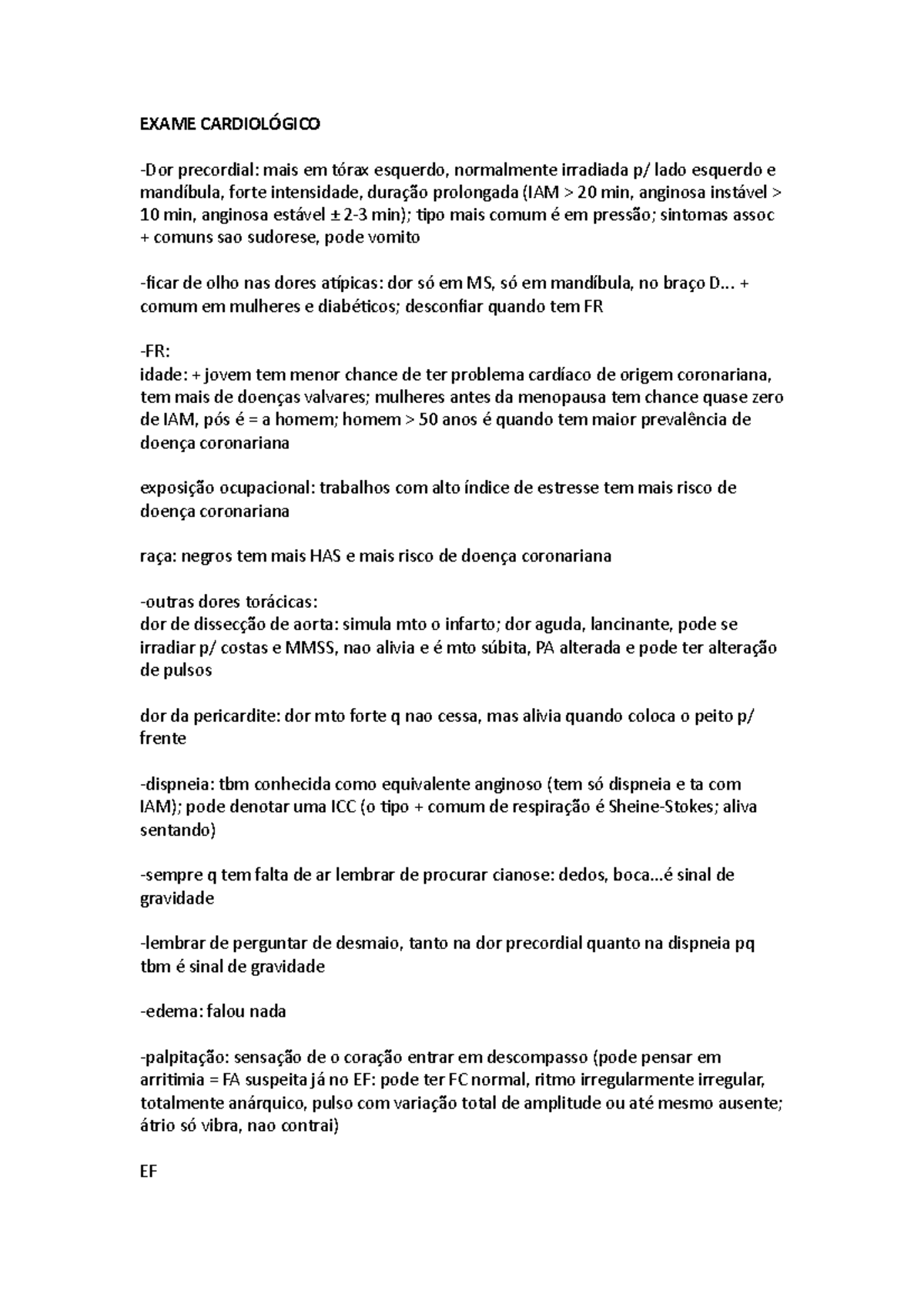 Exame Cardiológico - Med - EXAME CARDIOLÓGICO -Dor precordial: mais em ...