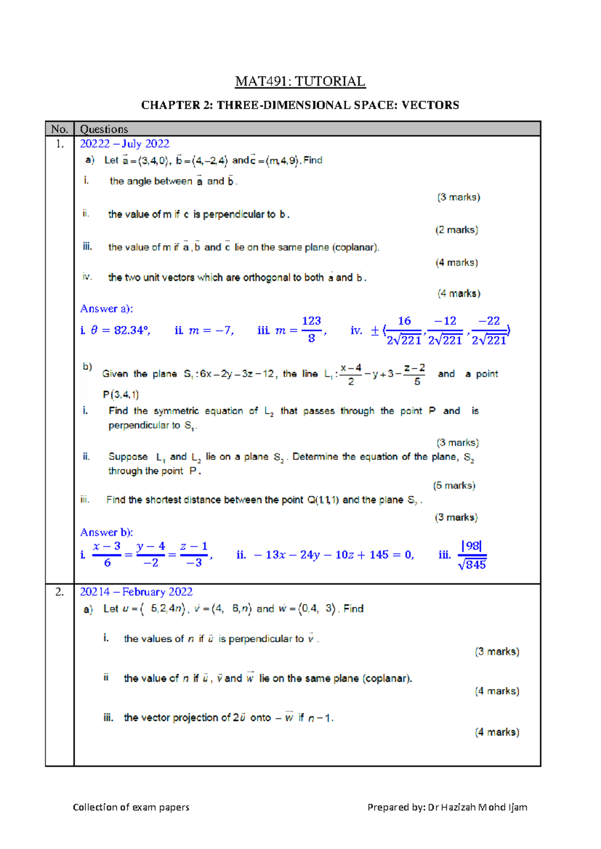 MAT491 Tutorial 2 (Chapter 2) Question - MAT 491 : TUTORIAL CHAPTER 2 : THREE-DIMENSIONAL SPACE ...