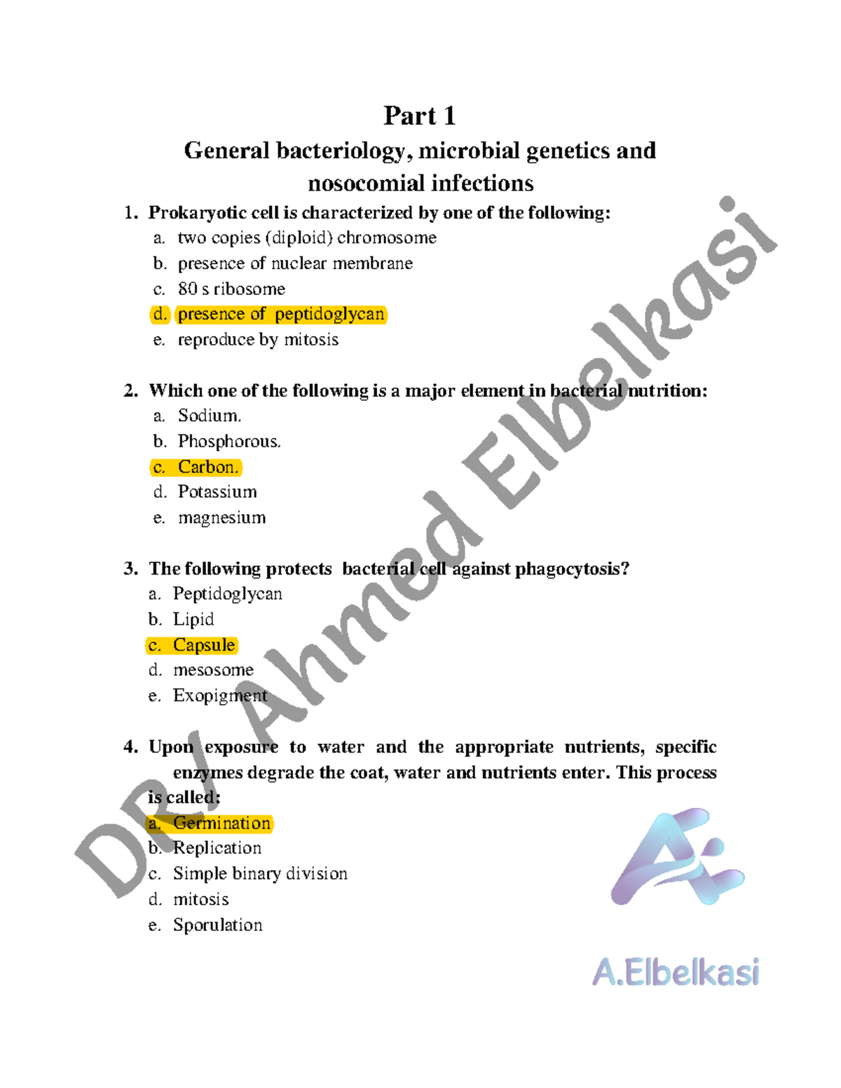 MCQ 2020 ( Question bank) - Part 1 General bacteriology, microbial ...
