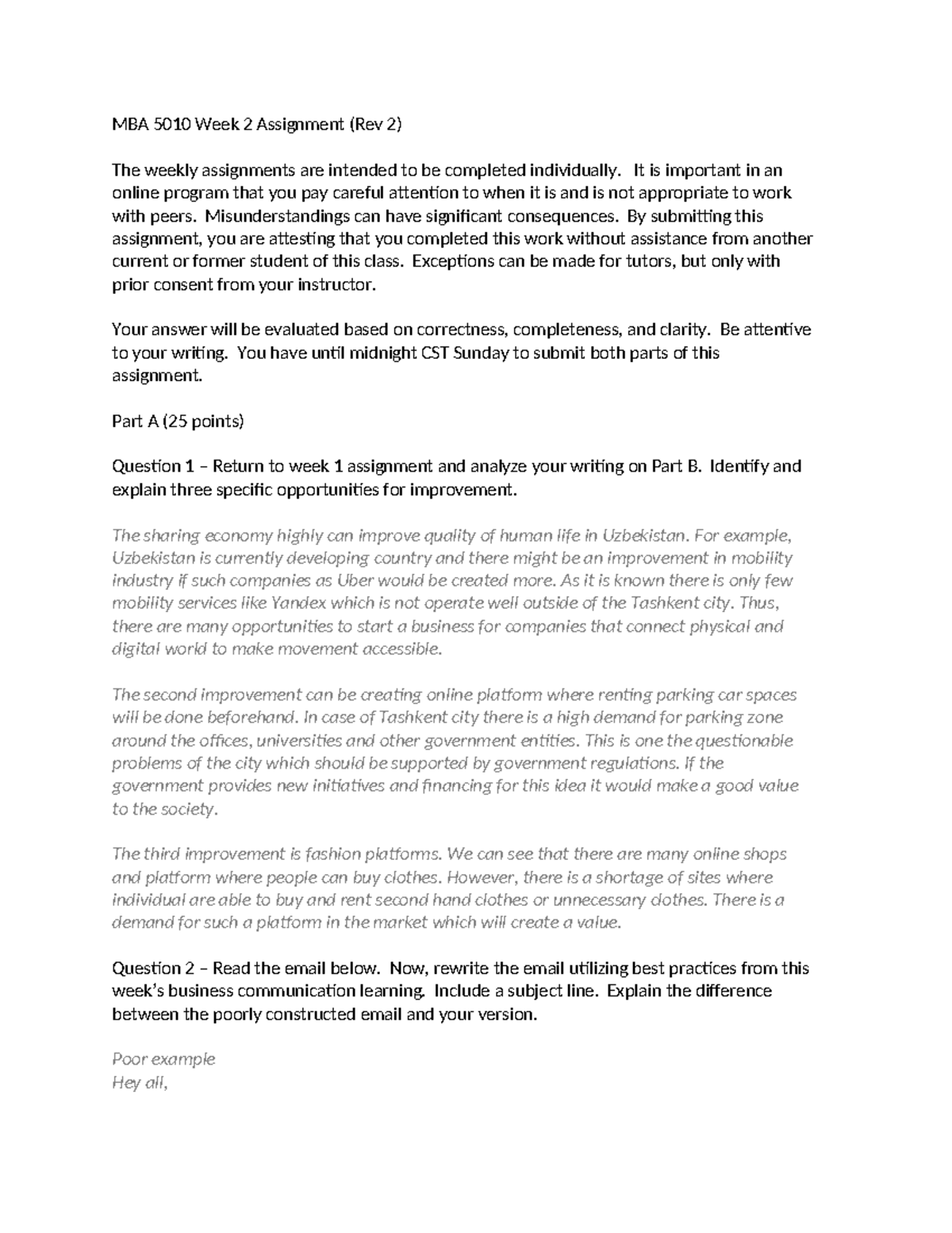 MBA 5010 Week 2 assignment Arapgul Kodiralieva - MBA 5010 Week 2 ...