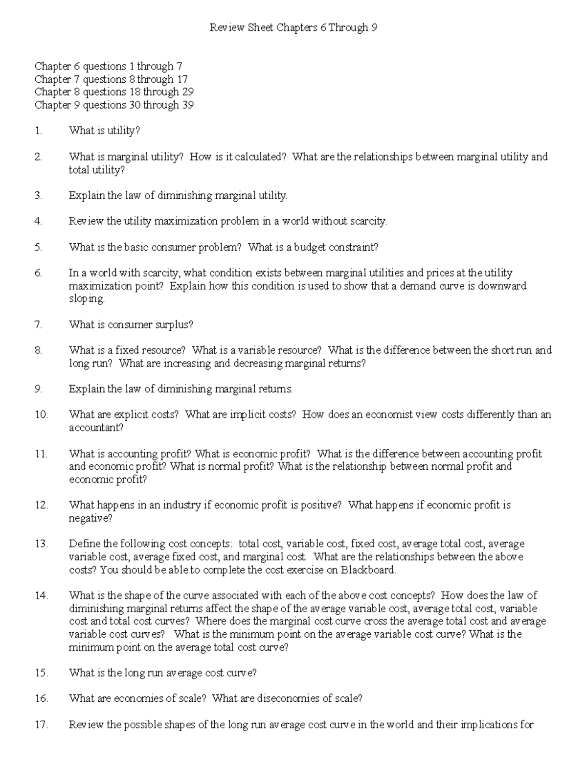 202 Review Sheet Chapters 6-9 - Review Sheet Chapters 6 Through 9 ...