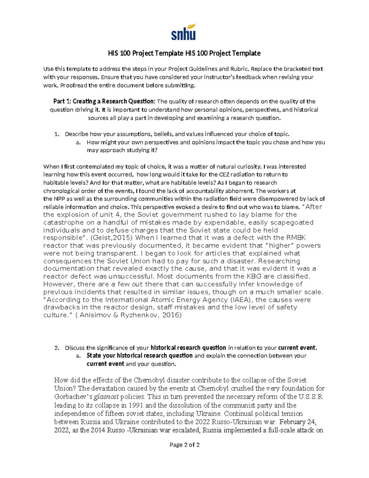 HIS 100 Project - HIS 100 Project Template HIS 100 Project Template Use this template to address ...