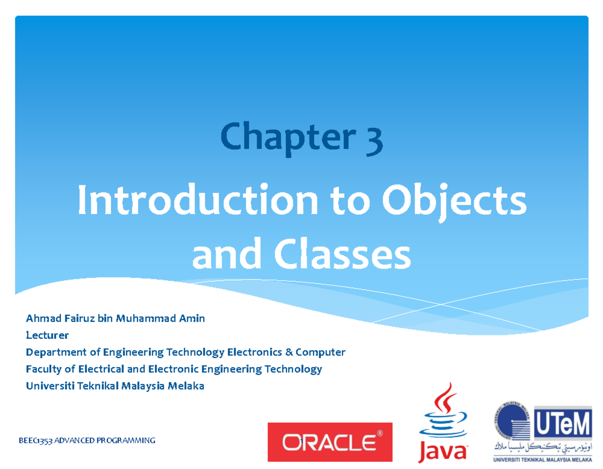 Chapter 3 Introduction To Class And Object Introduction To Objects And Classes Chapter 3 Ahmad 1234