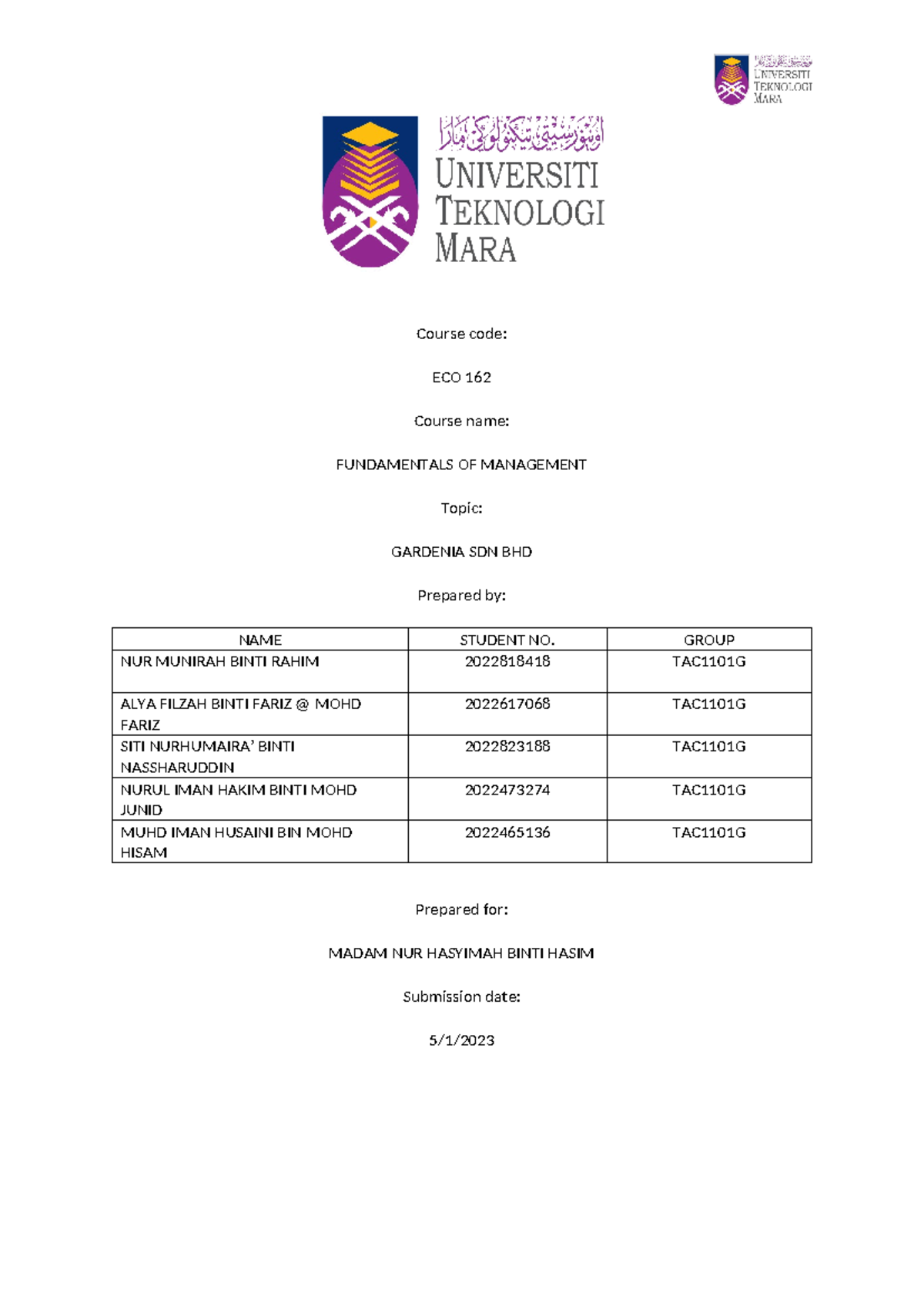 Assignment ECO162 - Info - Course code: ECO 162 Course name: FUNDAMENTALS OF MANAGEMENT Topic ...