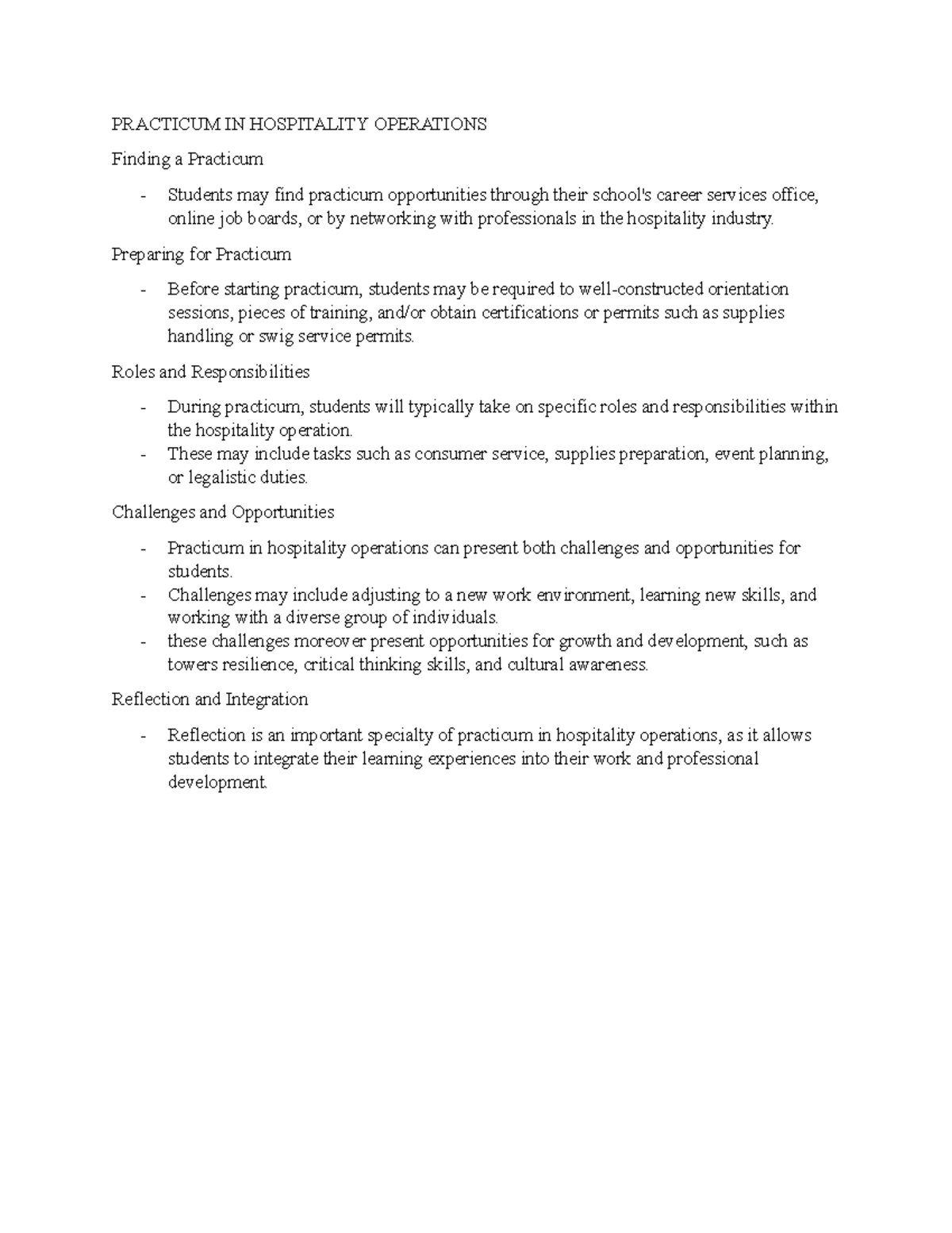 Practicum IN Hospitality Operations Notes 2 - PRACTICUM IN HOSPITALITY ...