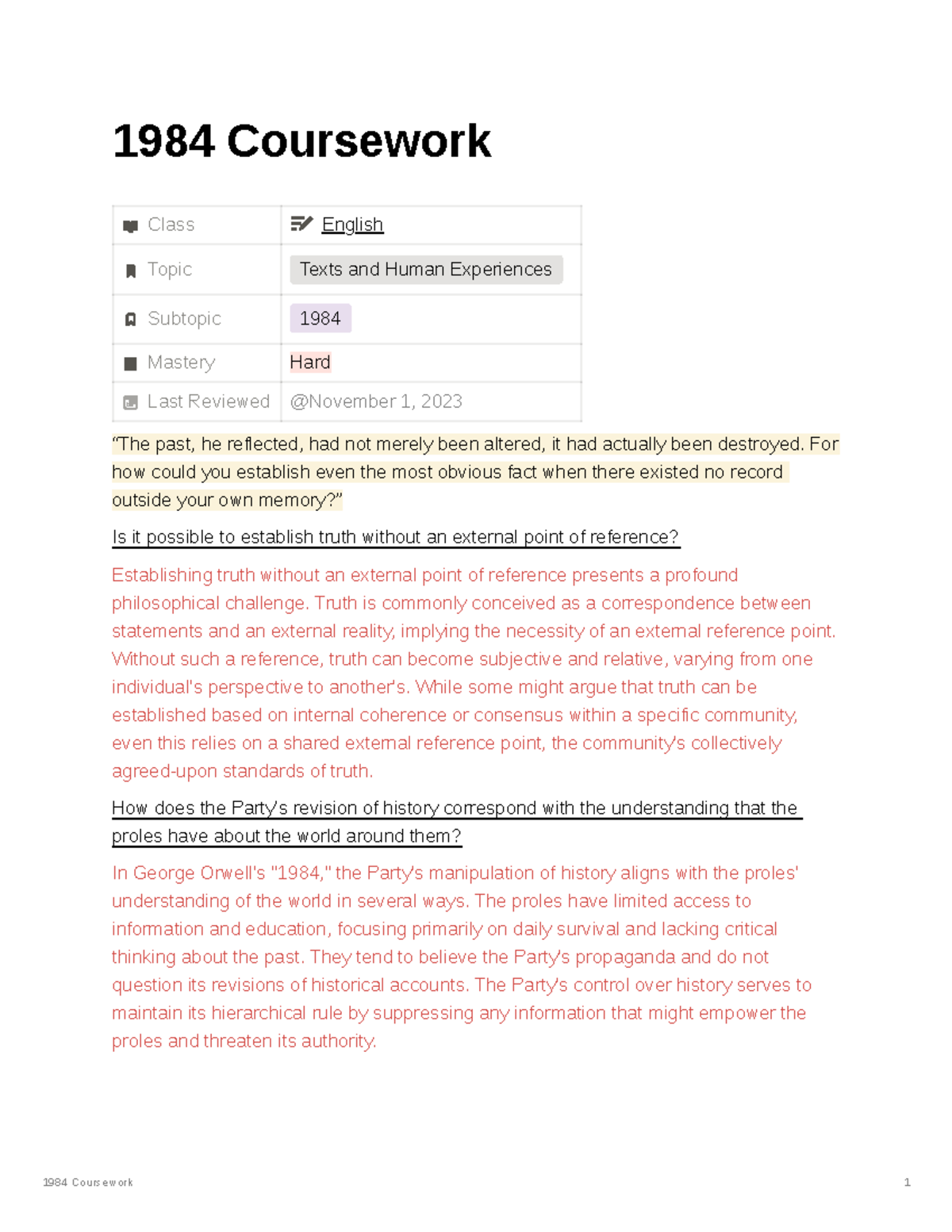 '1984 Coursework - oijoji - 1984 Coursework 1 1984 Coursework Class English Topic Texts and ...