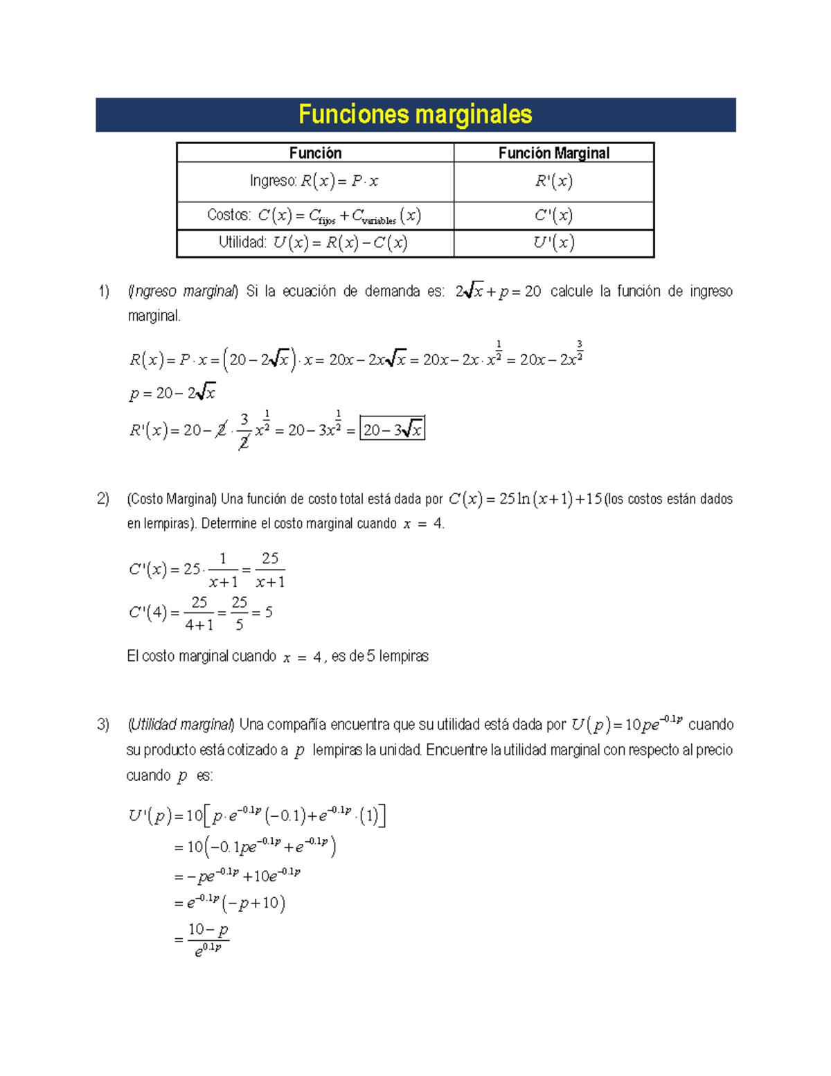 Clase 14 - Funciones marginales - Funciones marginales Función Función ...