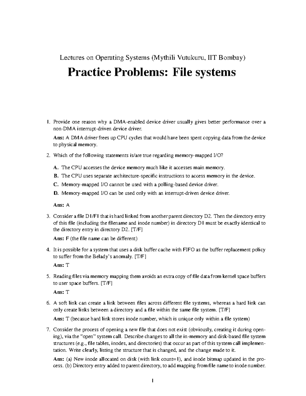 Questions Notes For Lecture Question Lectures On Operating Systems Mythili Vutukuru Iit