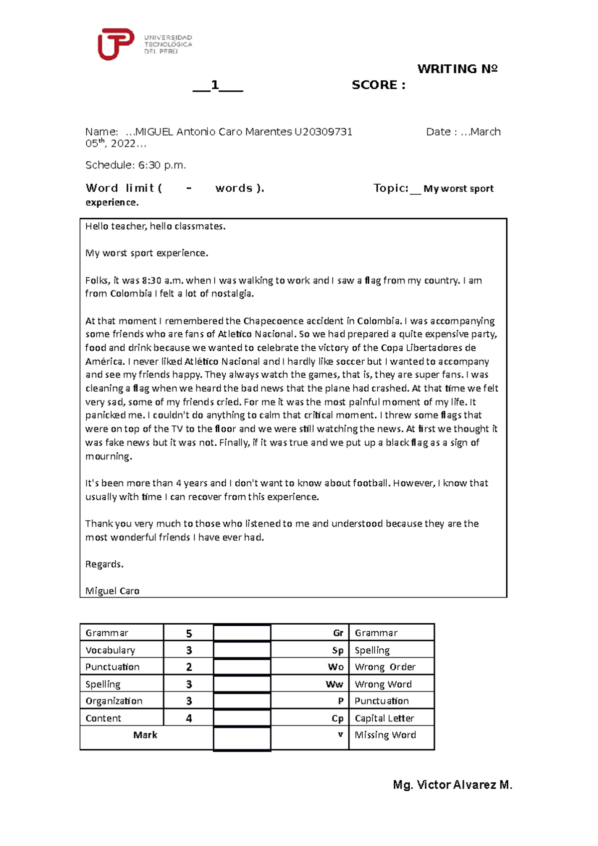 Writing Nº 1 ingles 3 practica para examen - WRITING Nº 1_ SCORE : Name ...
