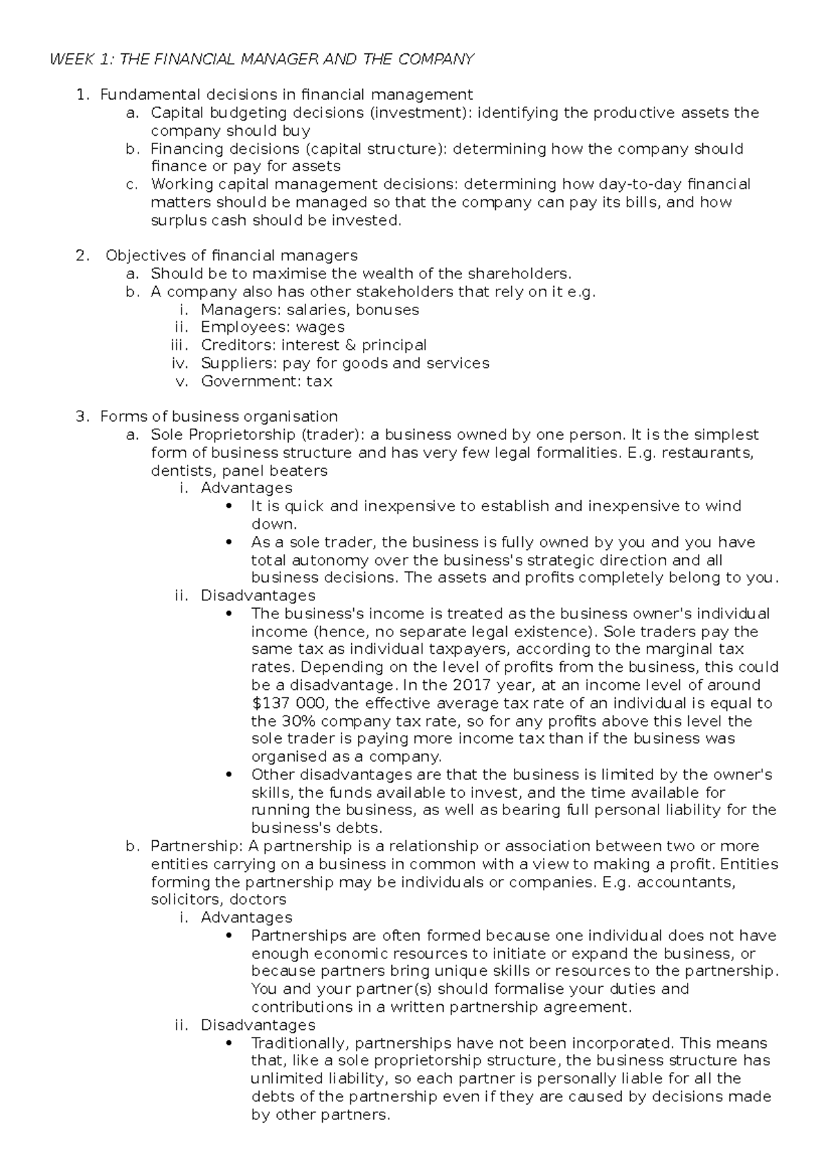Principles of Finance Notes - WEEK 1: THE FINANCIAL MANAGER AND THE ...