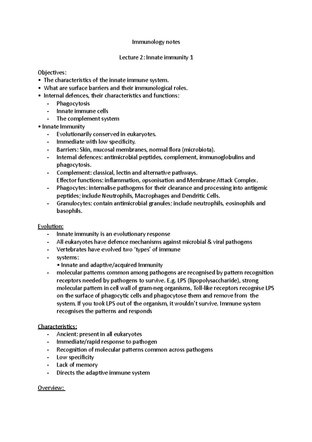 Imm lec 2 notes - Innate immunity - Immunology notes Lecture 2: Innate ...