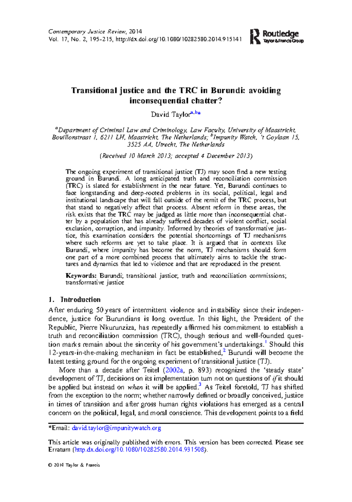 Transitional justice and the TRC in Burundi avoiding - Transitional ...