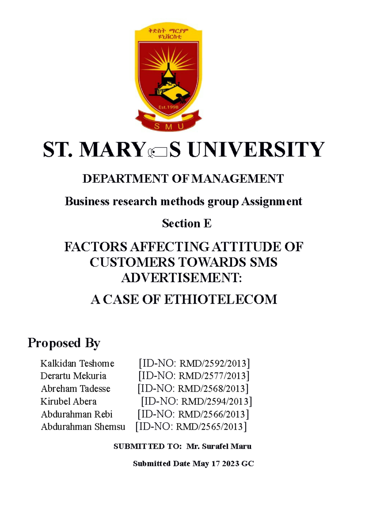 BRM Assignment - Bussines assignmenet proposal - ST. MARY S UNIVERSITY DEPARTMENT OF MANAGEMENT ...