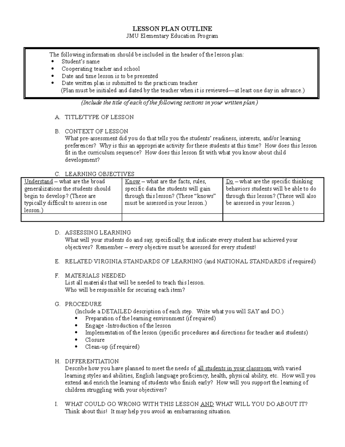 Common Lesson Plan - LESSON PLAN OUTLINE JMU Elementary Education ...