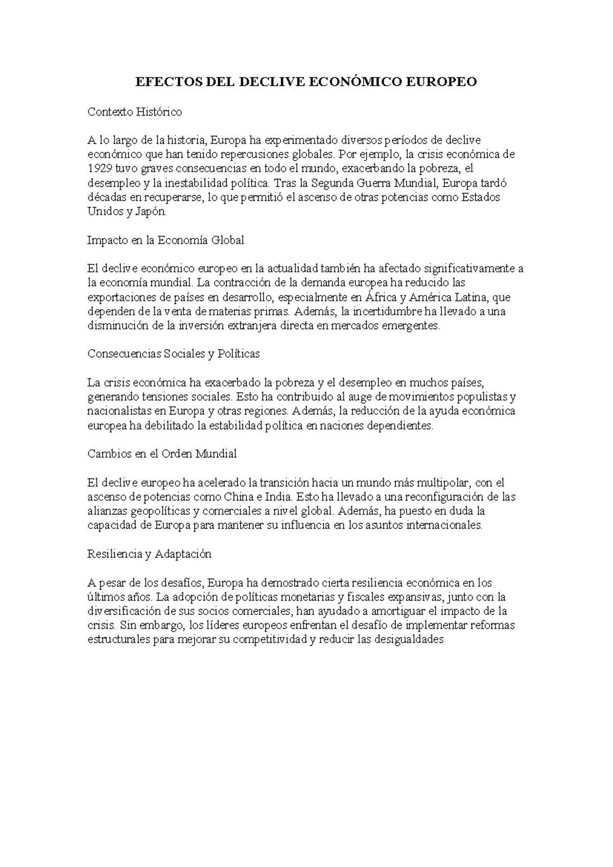 Efectos DEL Declive Económico Europeo - EFECTOS DEL DECLIVE ECONÓMICO ...