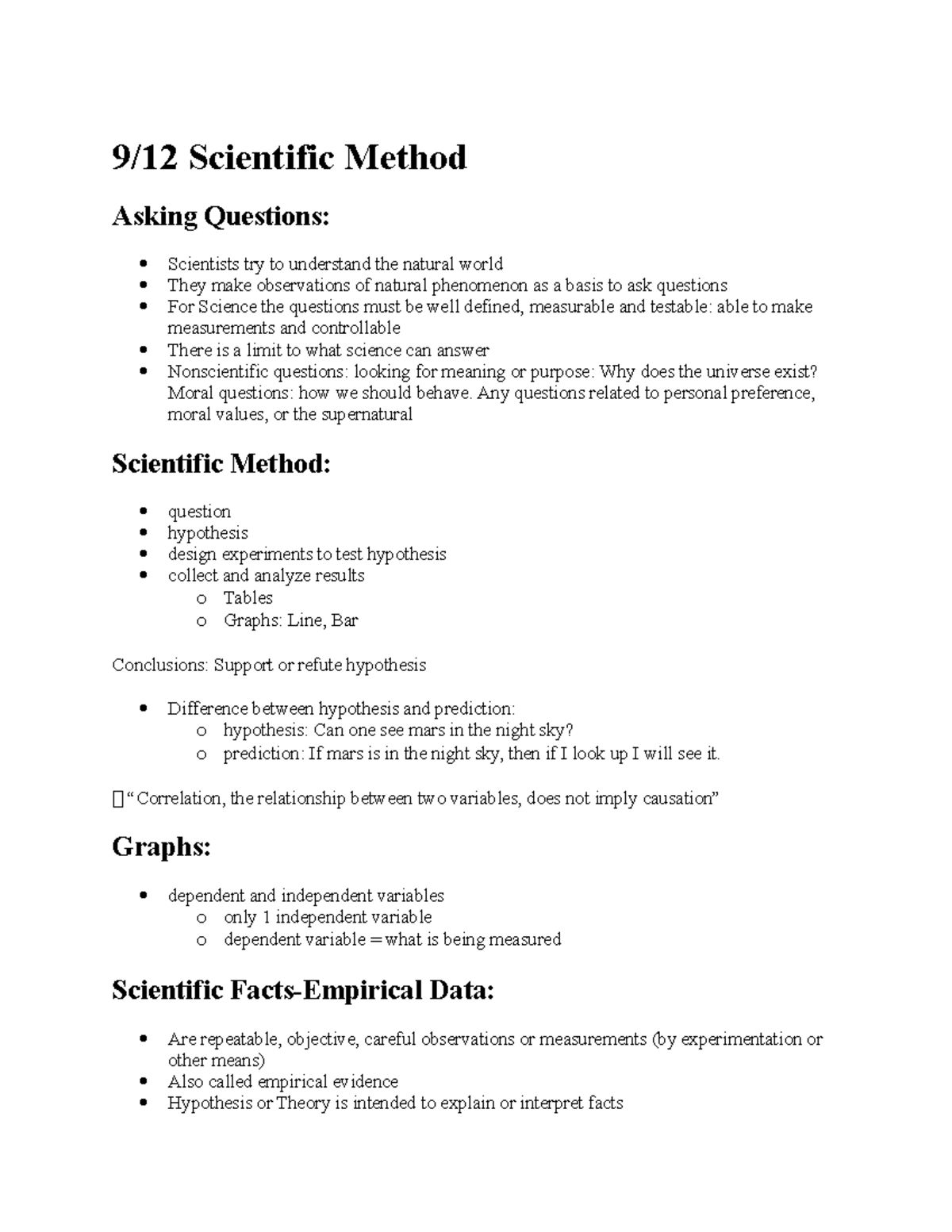 9 12 lecture notes - 9/12 Scientific Method Asking Questions ...