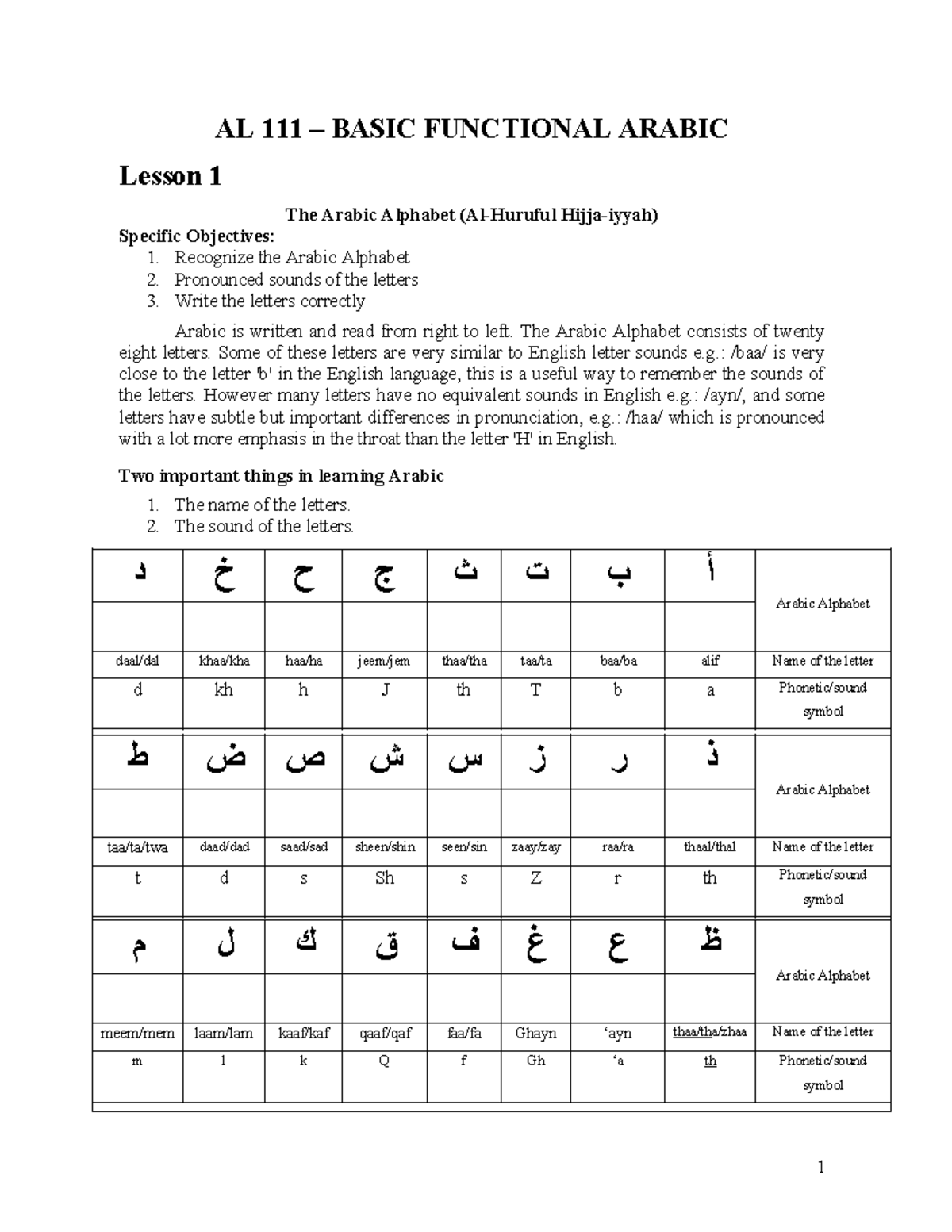 Arabic EXAM - aweawdwdwd - AL 111 – BASIC FUNCTIONAL ARABIC Lesson 1 ...