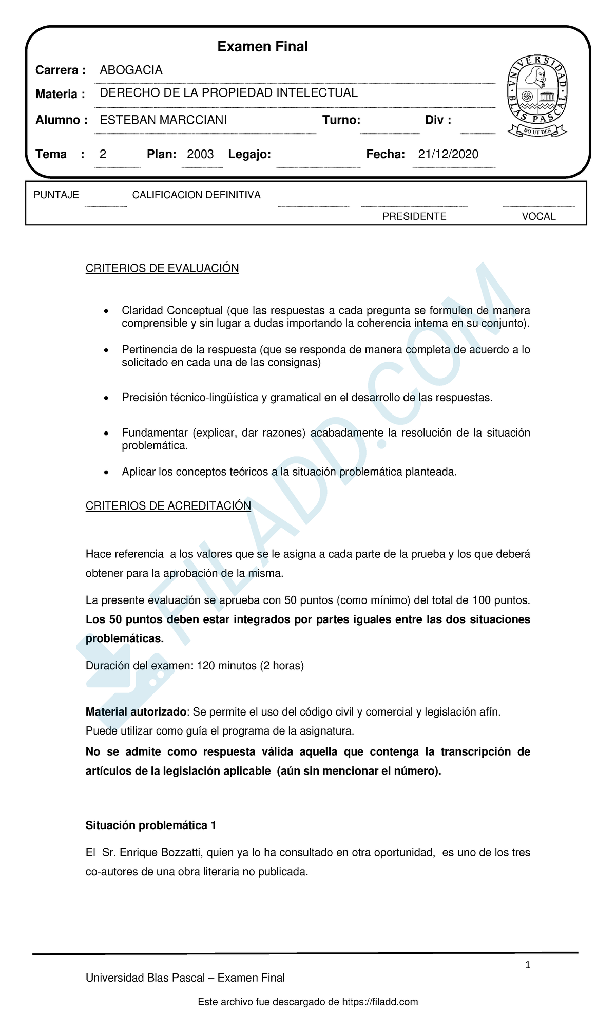 EXAM Final D PROP Intelec Esteban Marcciani - Carrera : ABOGACIA ...