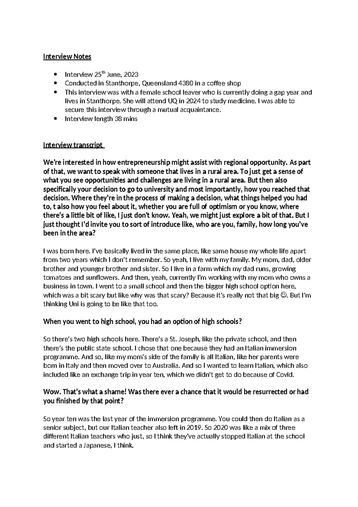 Sample analysis guide - Interview Notes Interview 25th June, 2023 ...