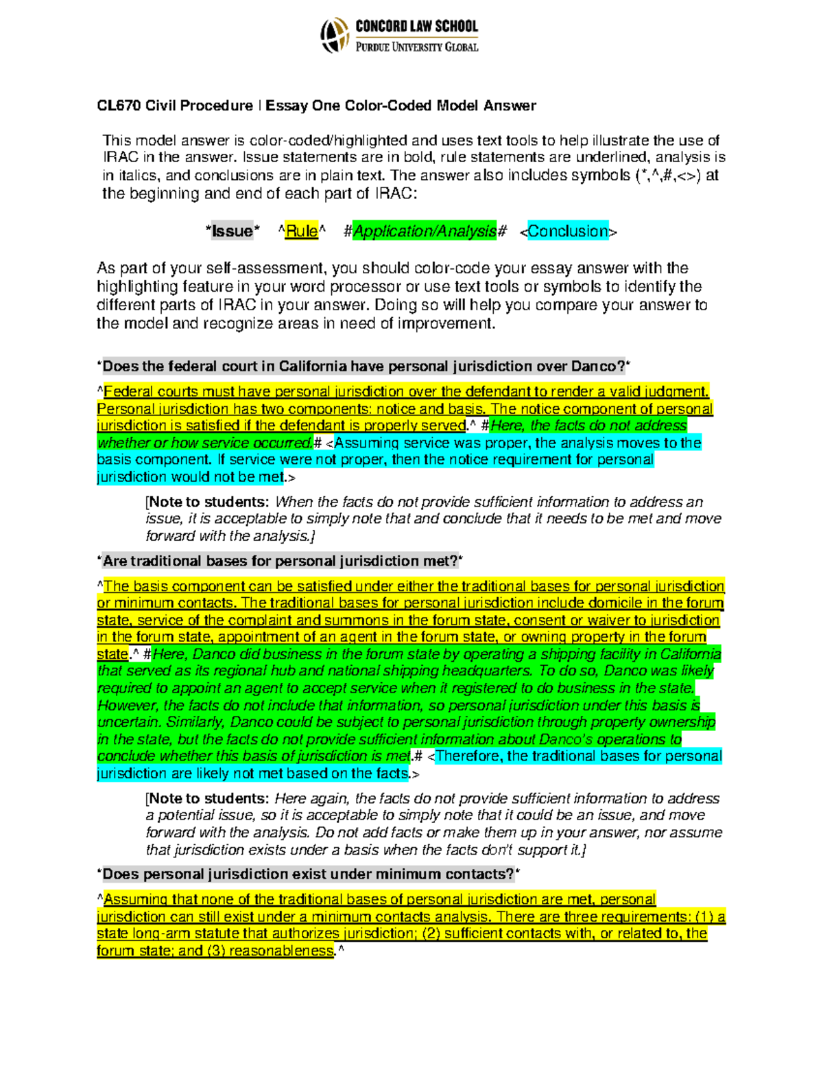 CL670 mod8essay modelanswercolorcoded - CL670 Civil Procedure I Essay ...