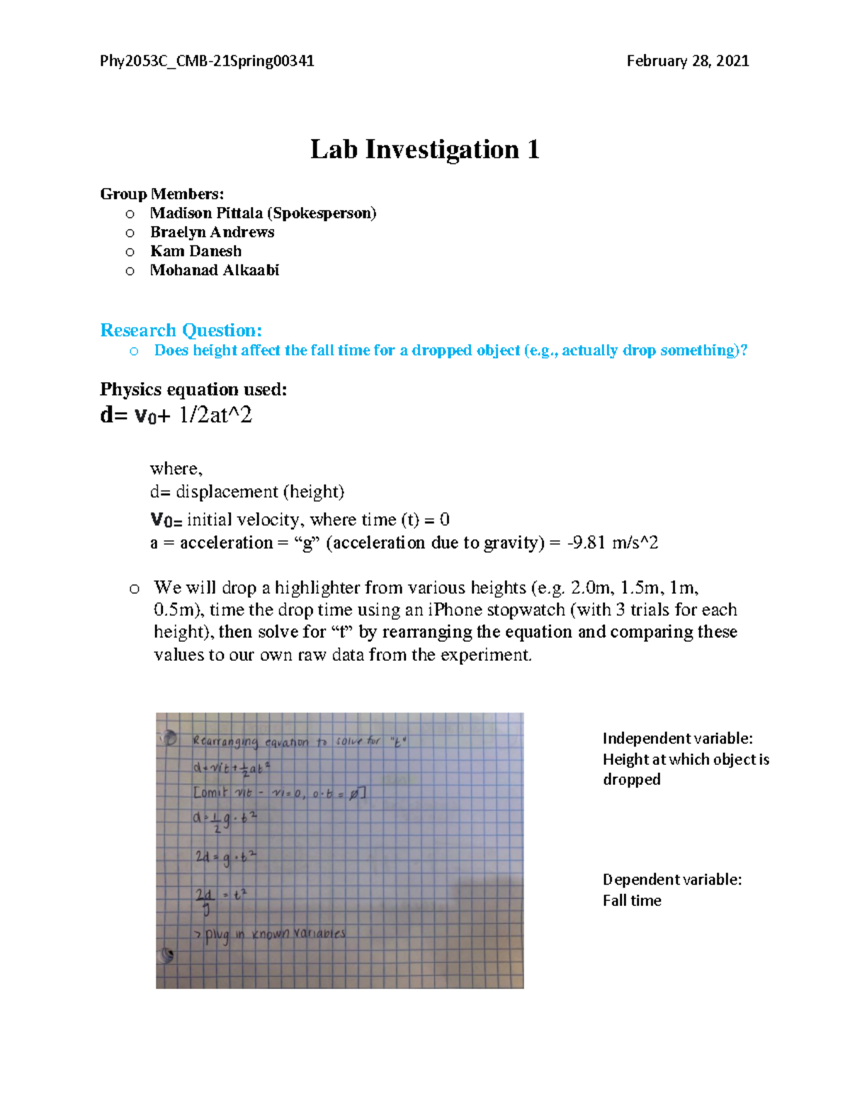 Lab Investigation 1 - see doc - Lab Investigation 1 Group Members: o ...