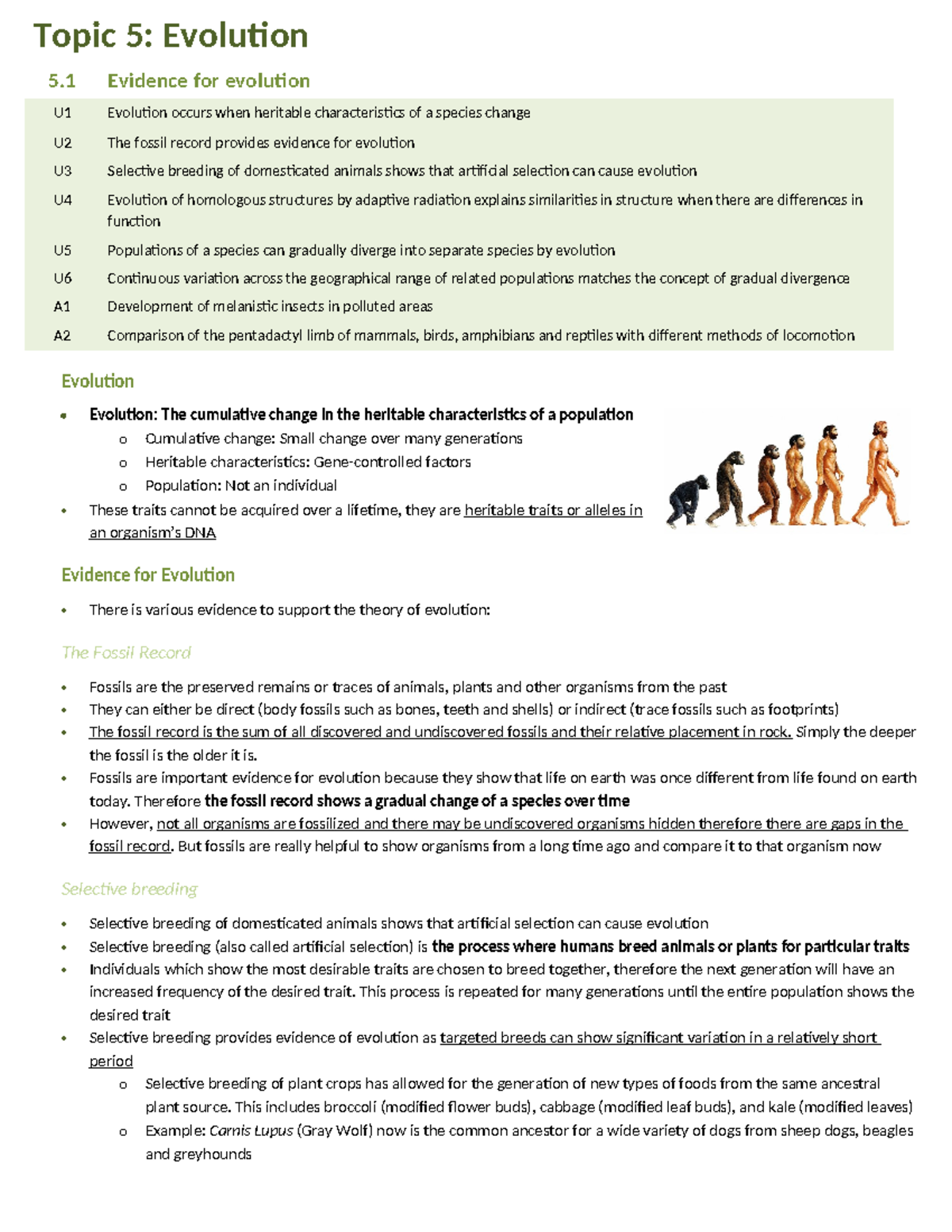 Topic 5 Evolution - Topic 5: Evolution 5 Evidence for evolution U1 ...