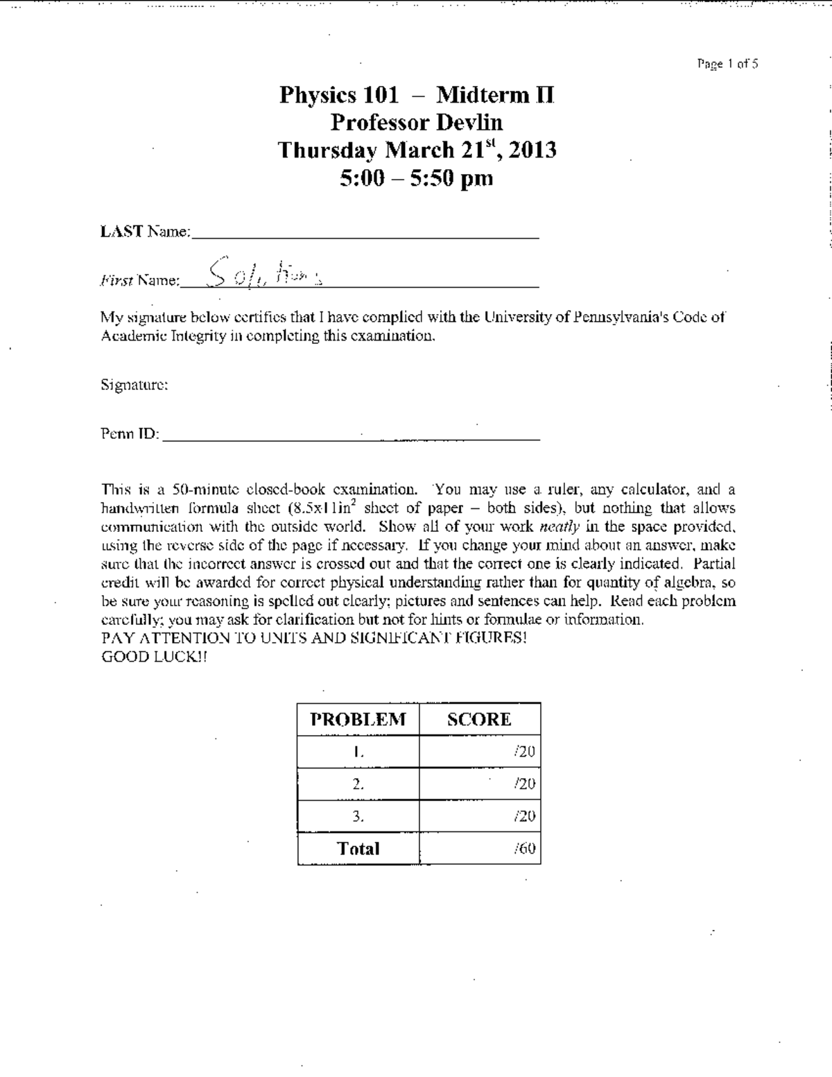 M2 Phys101 spring 2013 solutions - PHYS 101 - Studocu