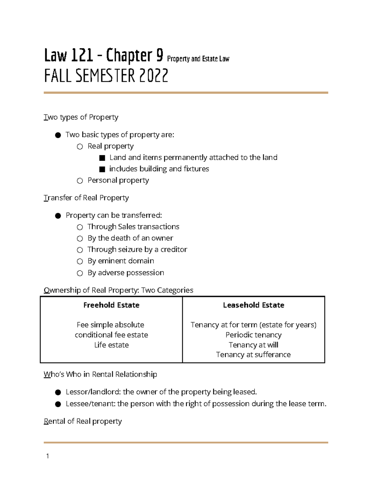 Law 121 - Ch. 9 (2022) - notes - Law 121 - Chapter 9 Property and ...