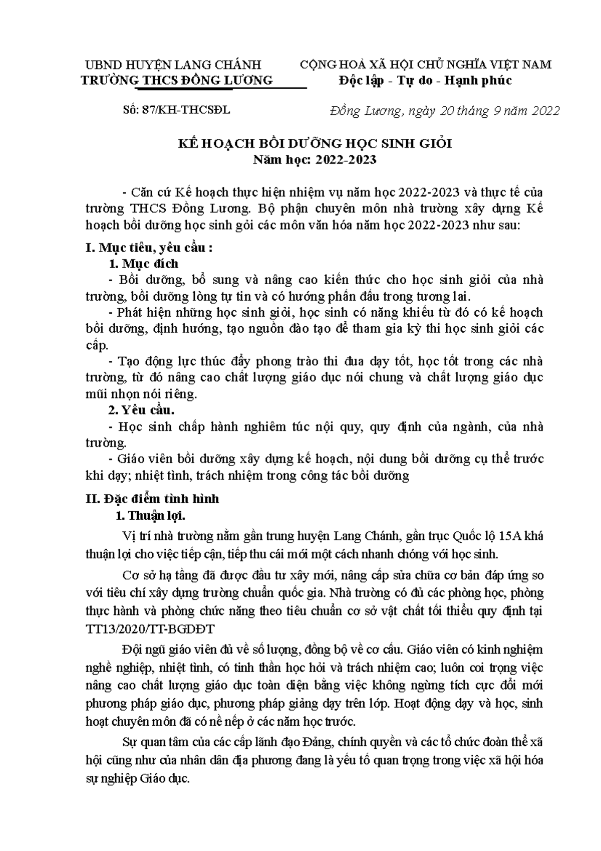 Ke hoach boi duong hoc sinh gioi 2022-2023 - UBND HUYỆN LANG CHÁNH TRƯỜNG THCS ĐỒNG LƯƠNG CỘNG ...