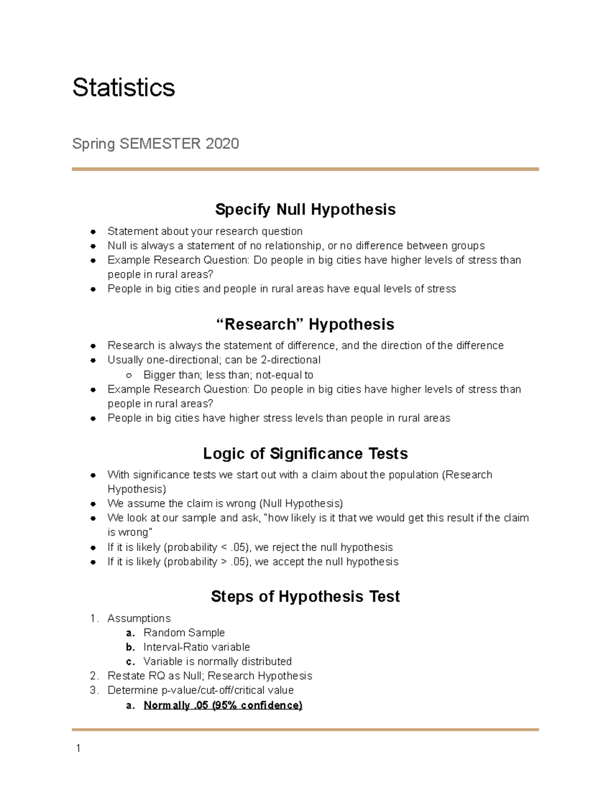 Chapter 8 - NOTES - Statistics Spring SEMESTER 2020 Specify Null ...