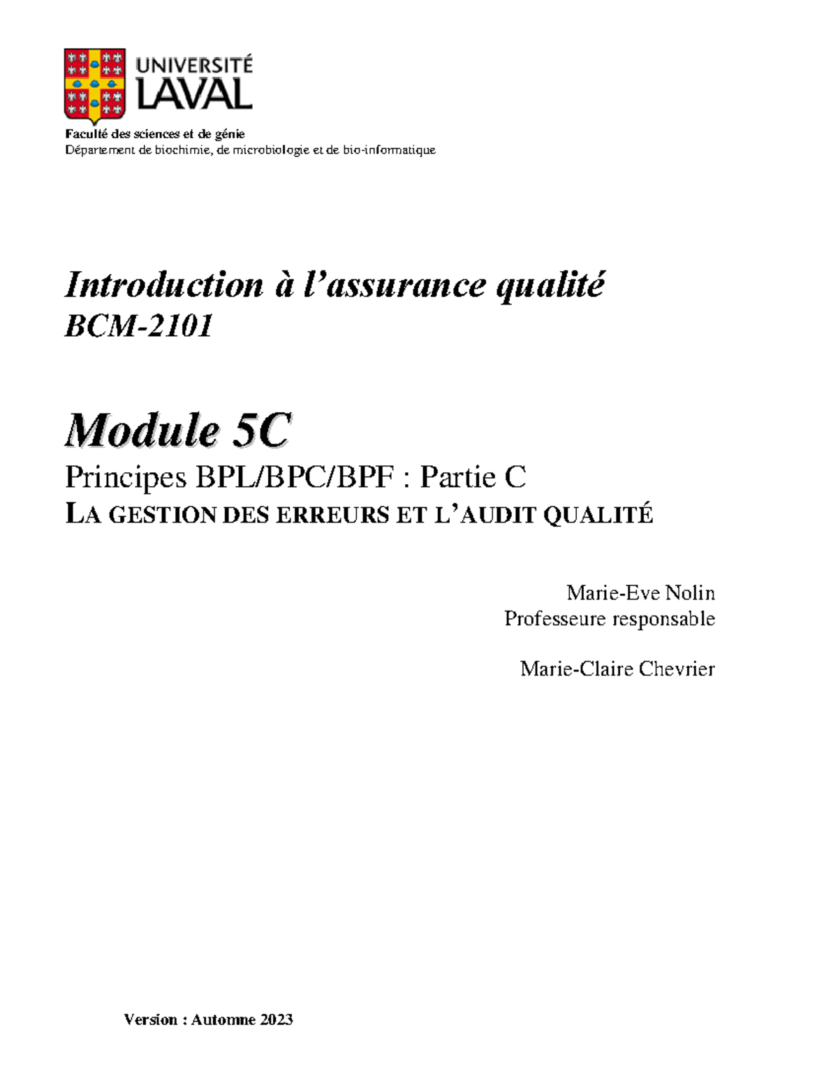 Module 5C - Faculté des sciences et de génie Département de biochimie ...