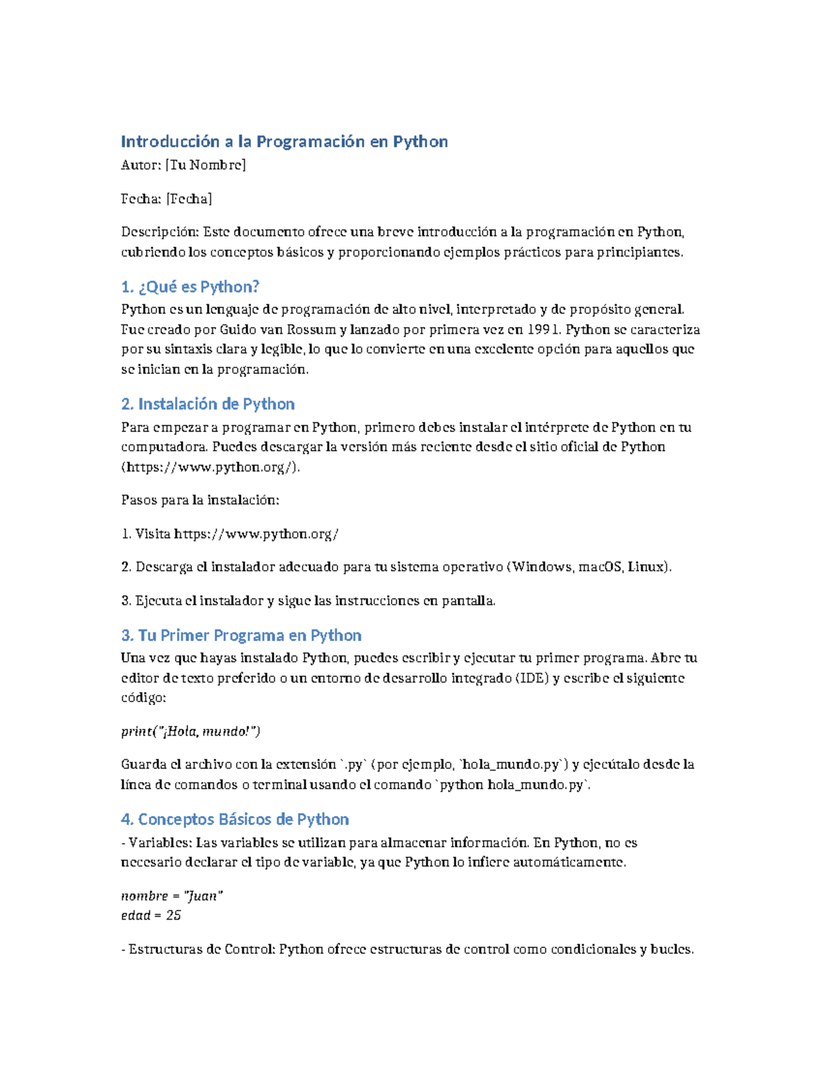 Introduccion a la Programacion en Python - Introducción a la Programación en Python Autor: [Tu ...