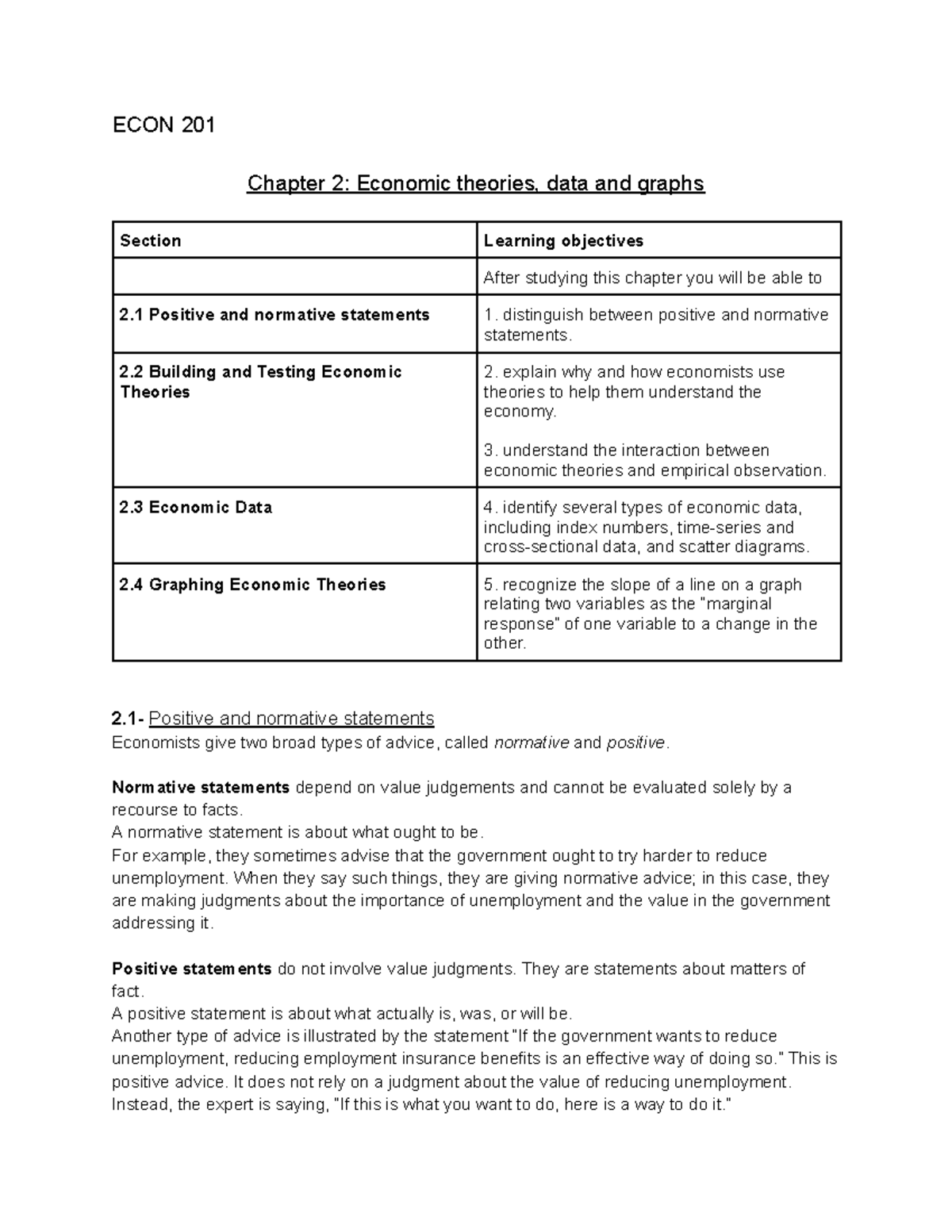 ECON 201 - Chapter 2 (Economic theories, data and graphs) - ECON 201 ...