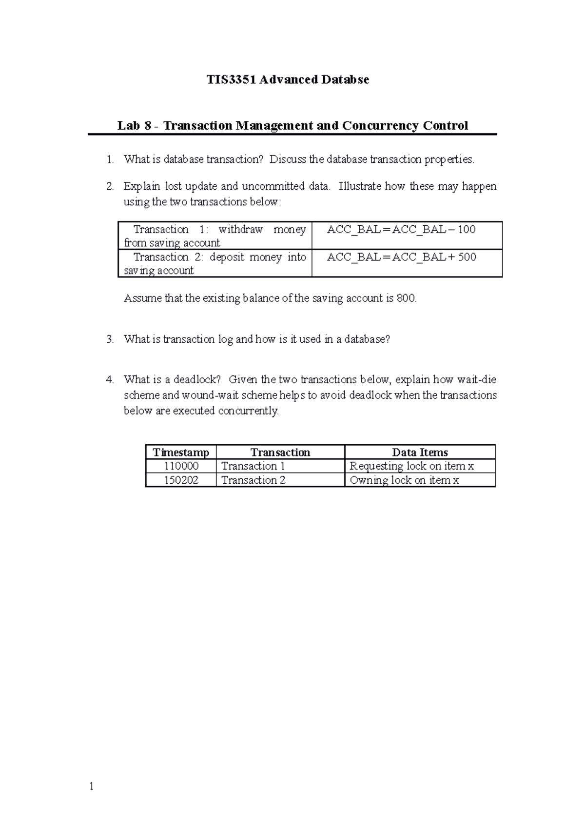 Tutorial - MMU - TIS3351 Advanced Databse Lab 8 - Transaction ...
