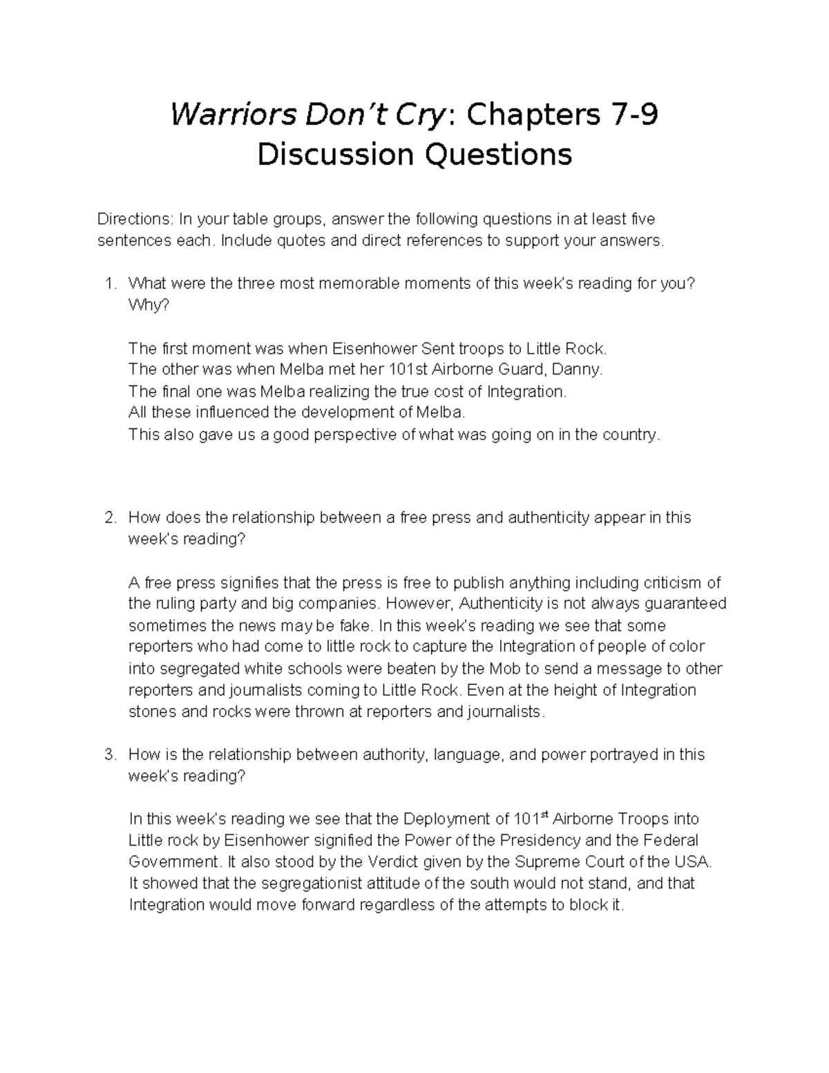 Copy of WDC Chapters 7-9 Discussion Questions - Warriors Don’t Cry ...