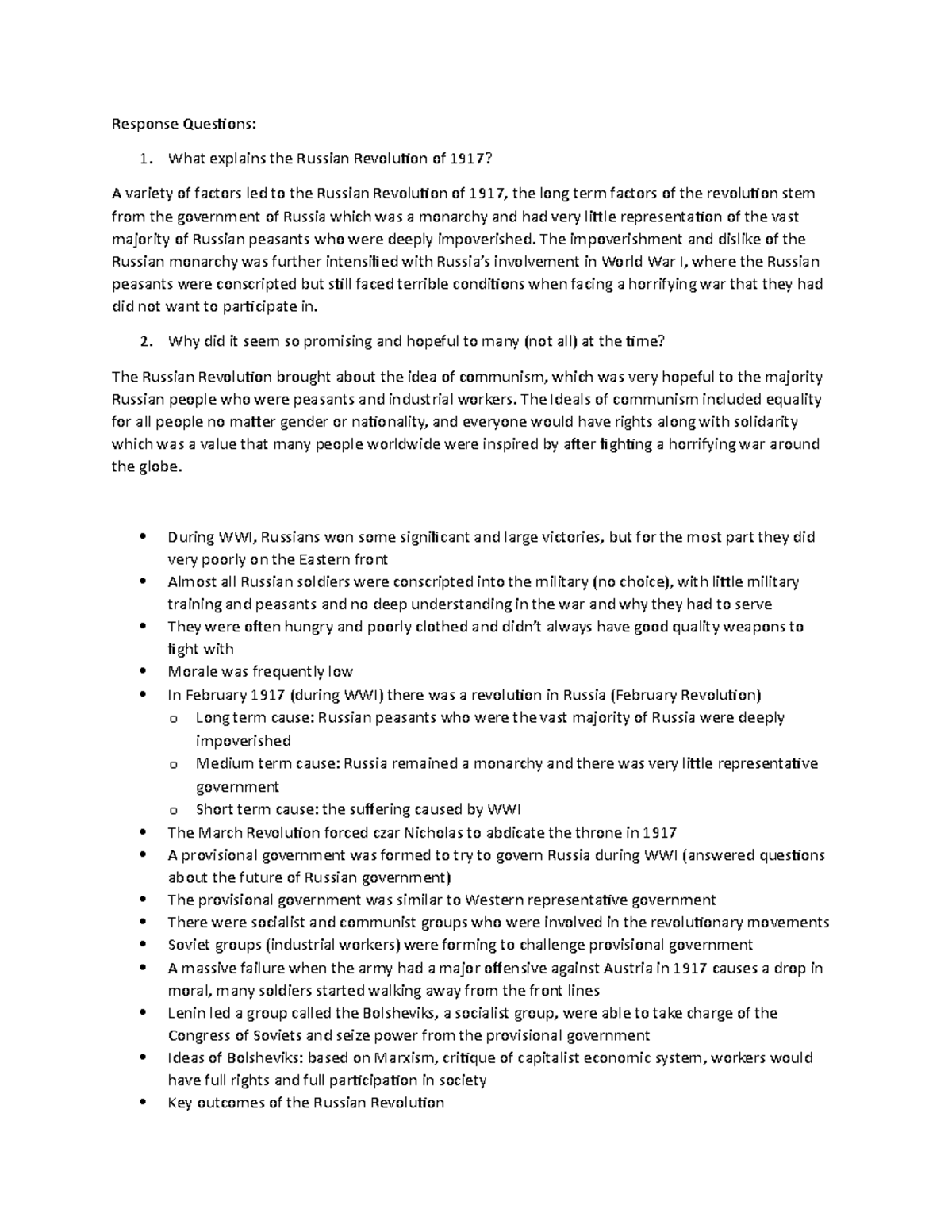 Lecture 5 The Promise of the Russian Revolution Notes - Response ...