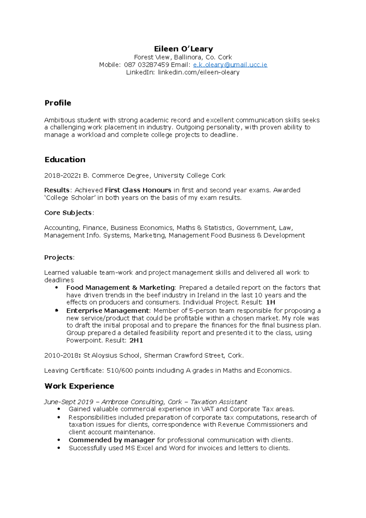 BComm Sample CV 1 - Lecture notes short summaries - Eileen O’Leary ...