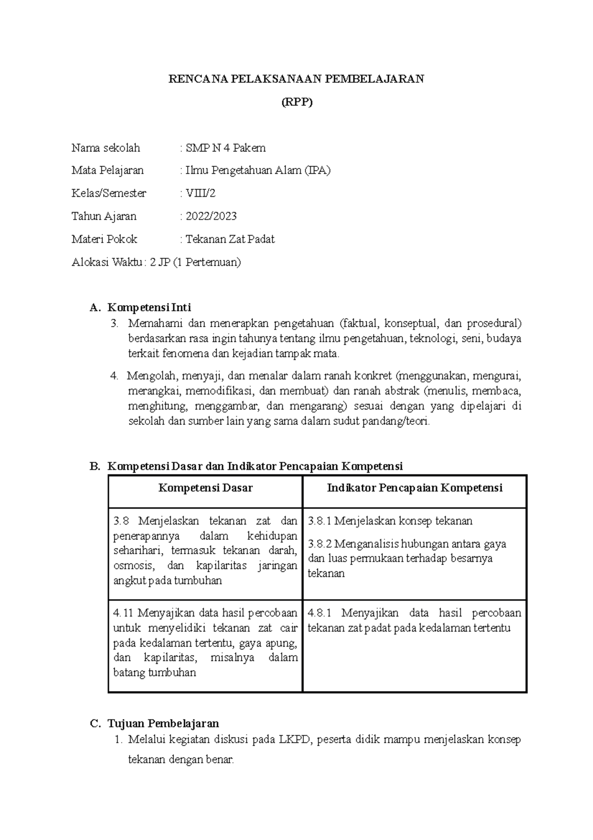 1. RPP Tekanan Zat Padat 22323299466 Angela Alfina - RENCANA PELAKSANAAN PEMBELAJARAN (RPP) Nama ...
