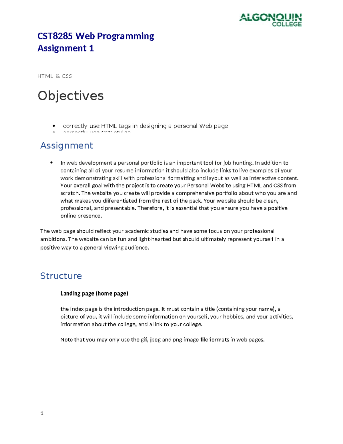 CST8285-Assignment 1 - assignment - correctly use HTML tags in ...