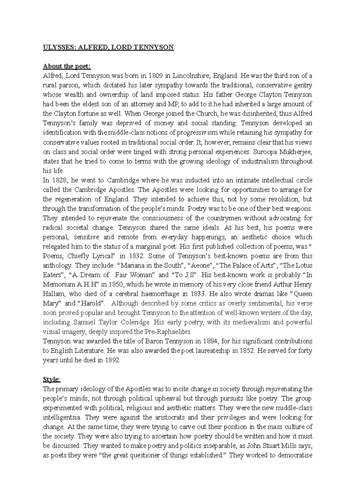 Ulysses - notes - ULYSSES: ALFRED, LORD TENNYSON About the poet: Alfred ...