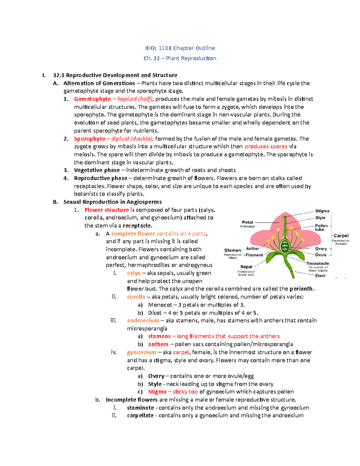 Ch. 32 - Plant Reproduction Notes - BIOL 1108 Chapter Outline Ch. 32 ...